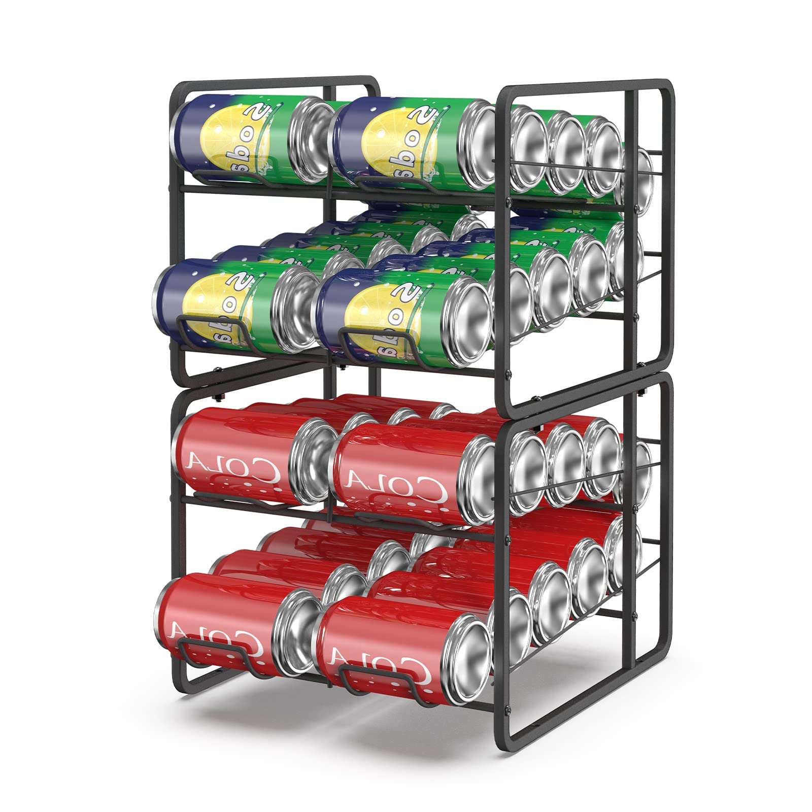 Soda Can Organizer for Pantry Refrigerator 4 Tier Soda Can Organizer for Cabinets Stackable Cola Soda Can Storage Rack Holder Dispenser for Countertop Kitchen Holds 40 Cans, Black