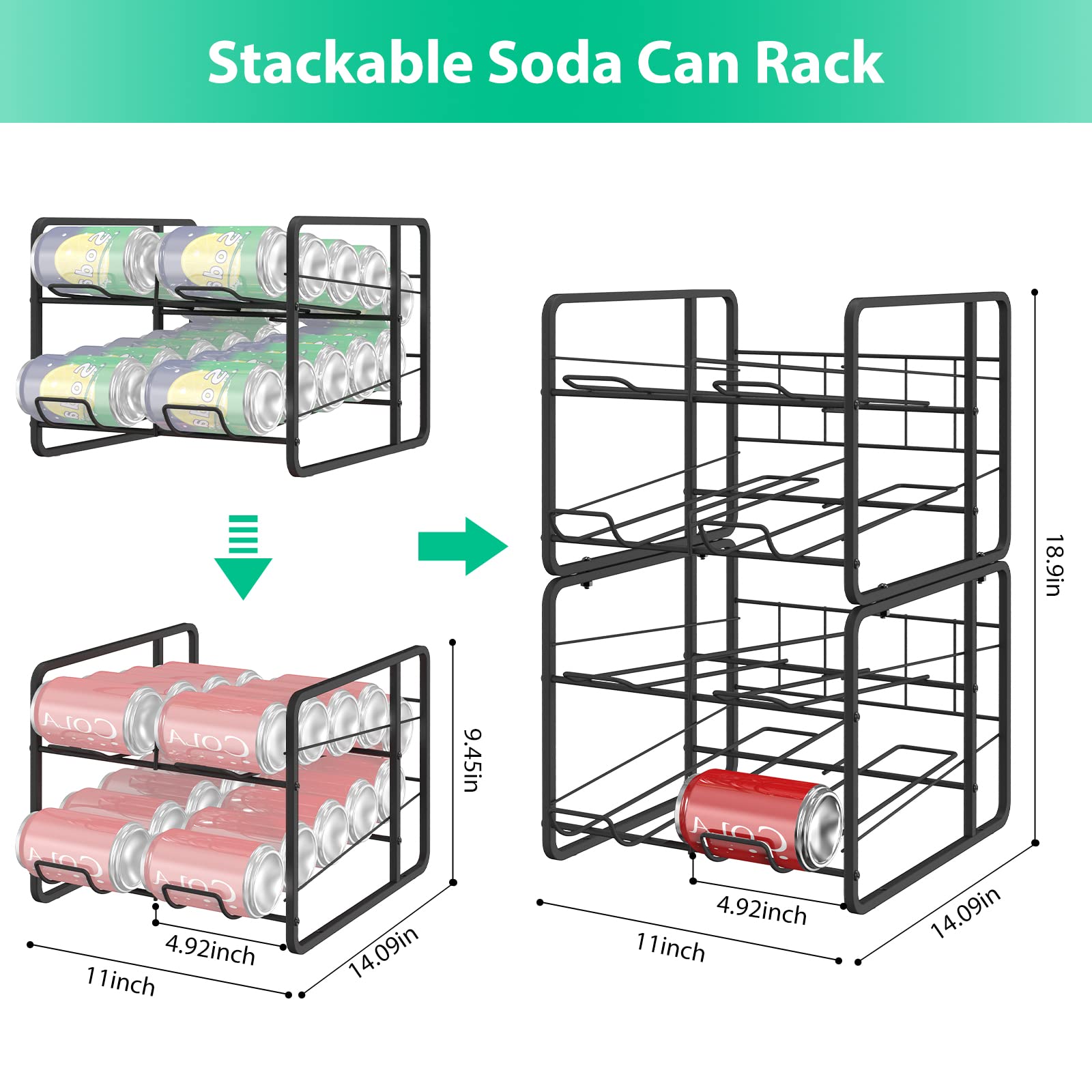 Soda Can Organizer for Pantry Refrigerator 4 Tier Soda Can Organizer for Cabinets Stackable Cola Soda Can Storage Rack Holder Dispenser for Countertop Kitchen Holds 40 Cans, Black