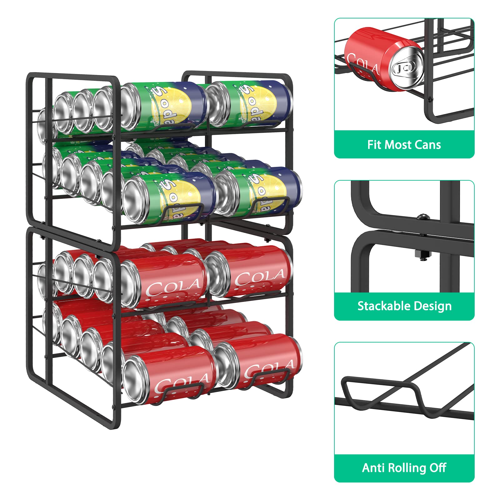 Soda Can Organizer for Pantry Refrigerator 4 Tier Soda Can Organizer for Cabinets Stackable Cola Soda Can Storage Rack Holder Dispenser for Countertop Kitchen Holds 40 Cans, Black