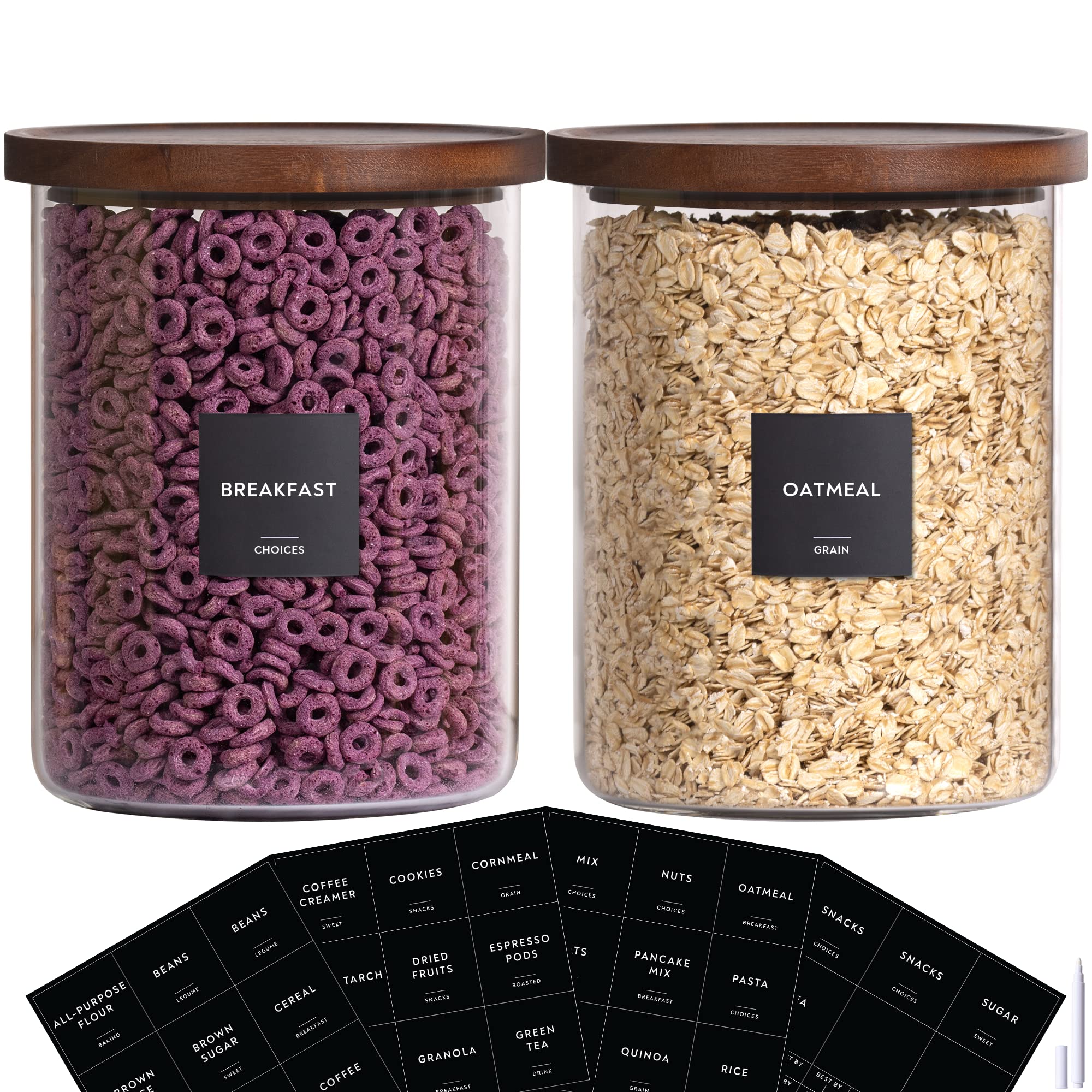 Laramaid 101oz 2Pack Glass Jar Canisters with Minimalist Labels, Round Pantry Jars with Brown Acacia Lids, Vinyl Customized Labels and White Pen, Food Storage Containers for Home, Kitchen and Pantry