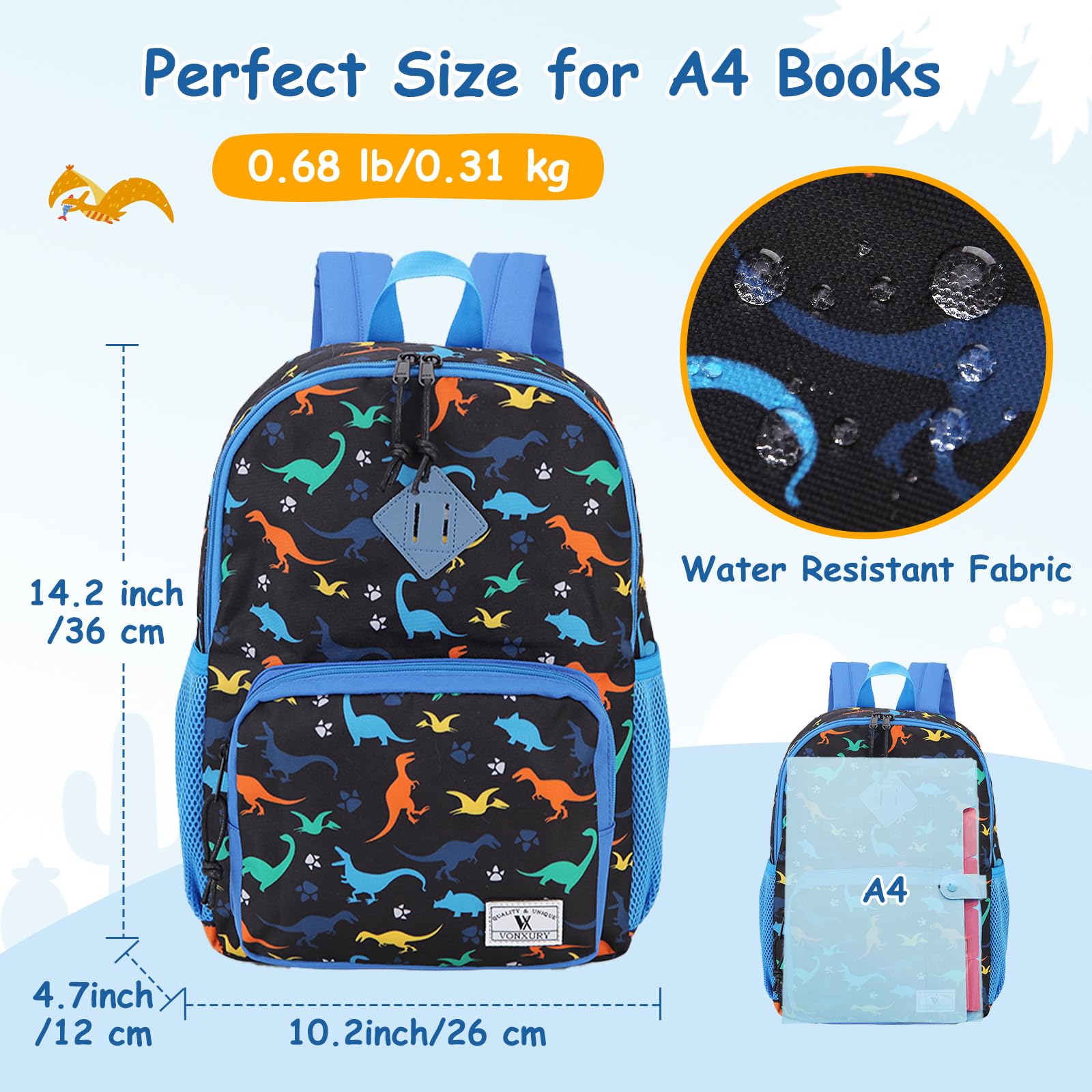 VX VONXURY Kids Backpack,Cute Preschool Toddler Schoolbag for Boys with Chest Strap Small(Black Dinosaur