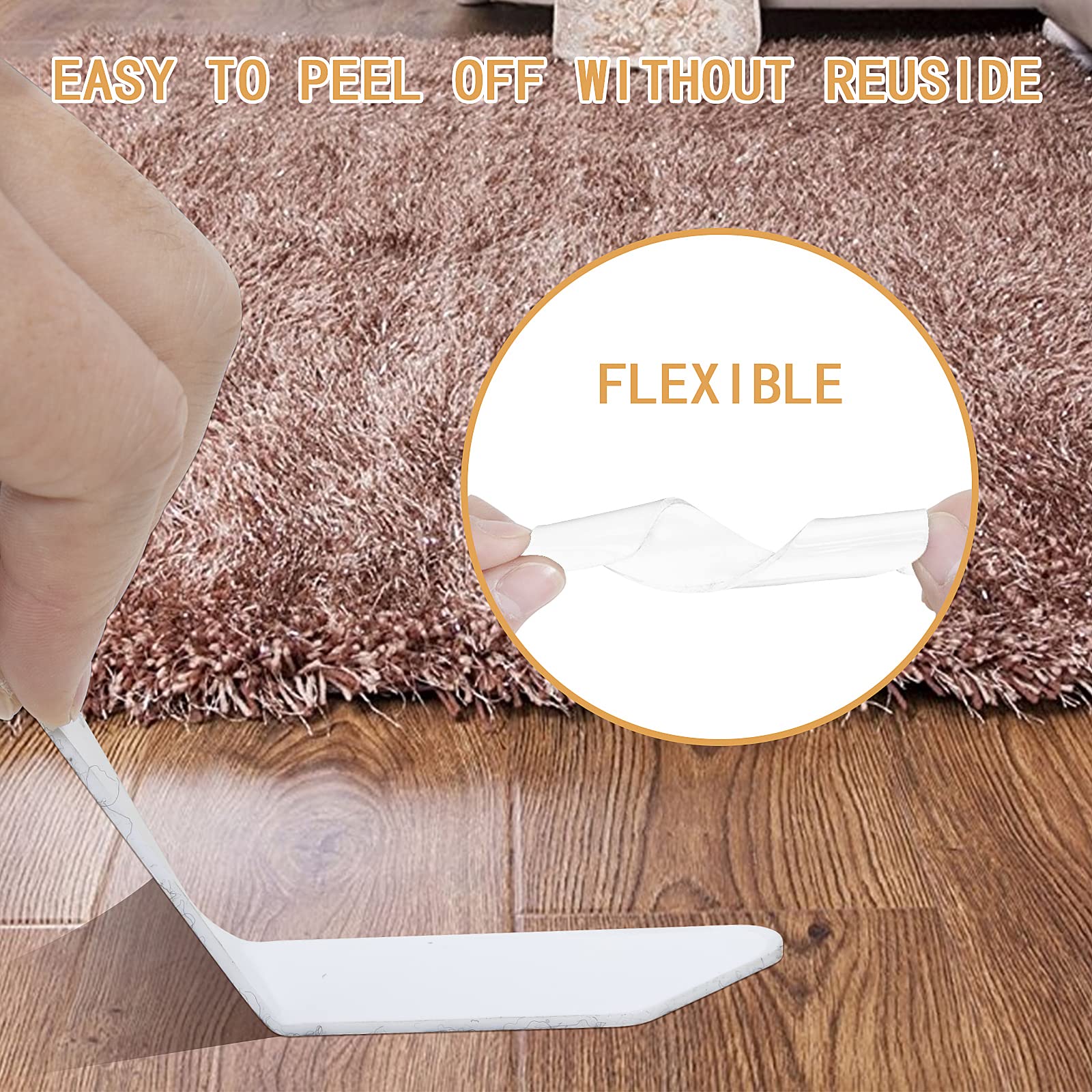 Sollifa Rug Tape,16 Pcs Dual Sided Washable Removable Rug Stopper Grip Your Area Rug, Non Slip Adhesive Prevent Curl for Hardwood Floors Grip Carpet Corners (Pearl White)