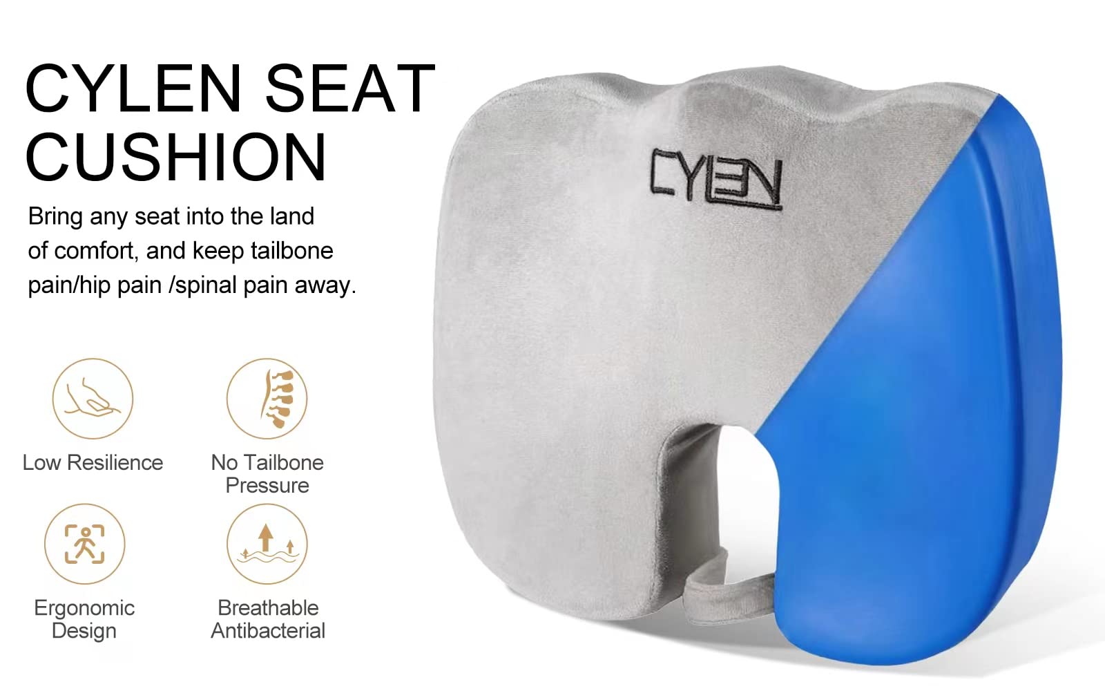 CYLEN Home Office Seat Cushion - Comfort Memory Foam Chair Cushion with Cooling Gel Infused for Tailbone, Coccyx, Back & Sciatica Pain Relief (Grey)