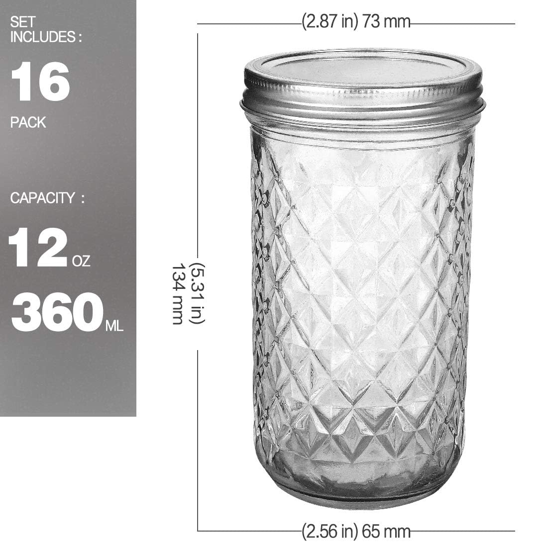 VERONES Mason Jars 12 OZ, Canning Jars Jelly Jars With Regular Lids, Ideal for Jam, Honey, Wedding Favors, Shower Favors, 16 PACK,Extra 16 Lids