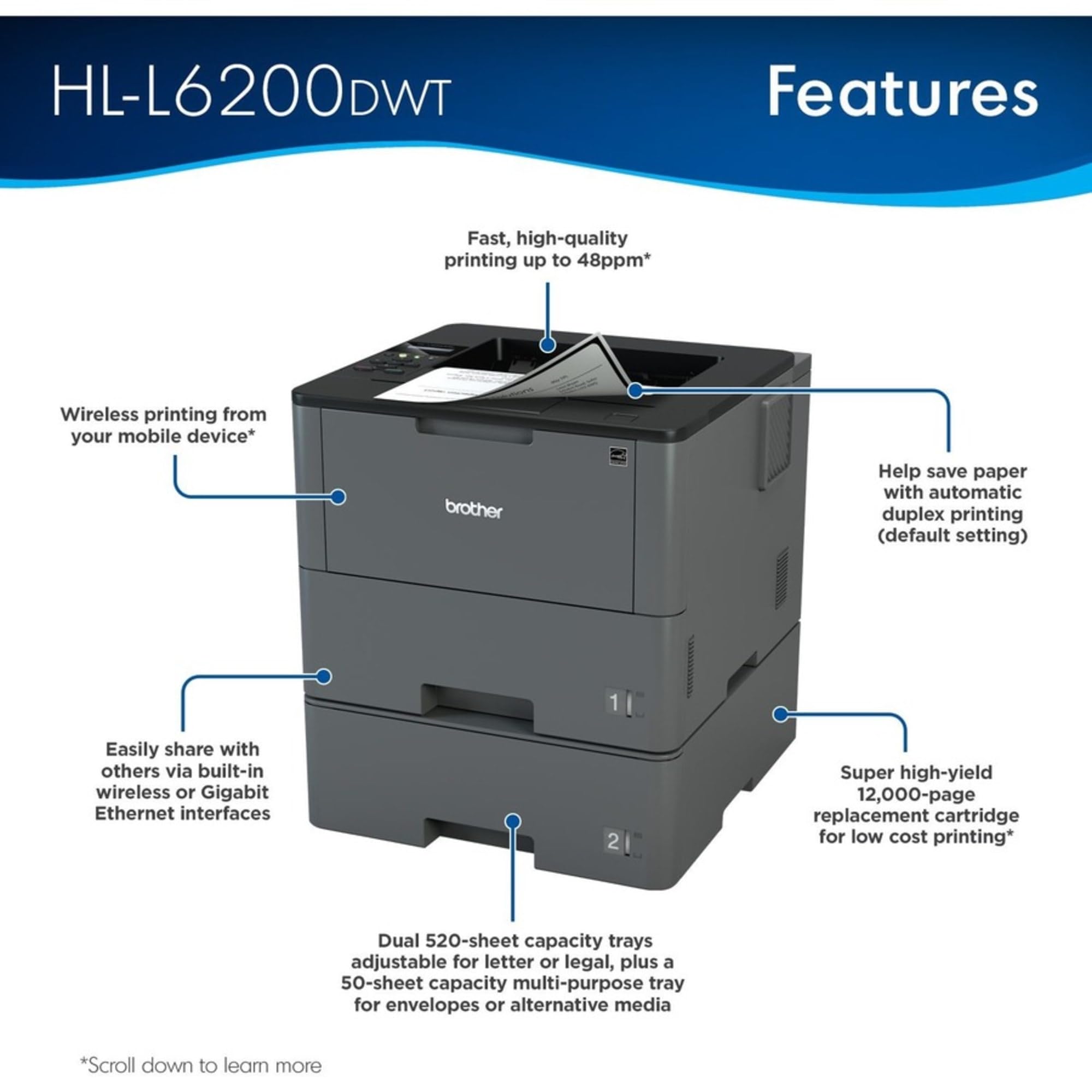 Brother HL-L6200DWT Wireless Monochrome Laser Printer with Duplex Printing and Dual Paper Trays (Amazon Dash Replenishment Ready)