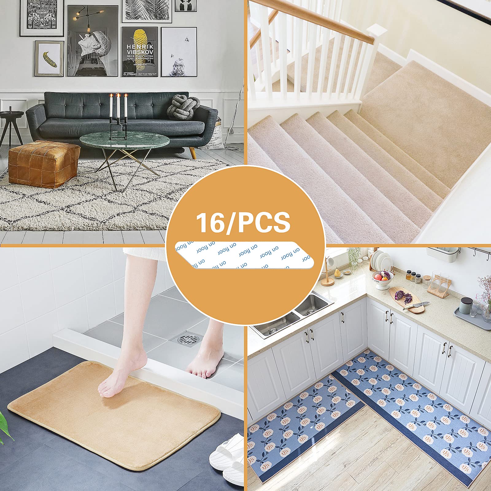 Sollifa Rug Tape,16 Pcs Dual Sided Washable Removable Rug Stopper Grip Your Area Rug, Non Slip Adhesive Prevent Curl for Hardwood Floors Grip Carpet Corners (Pearl White)