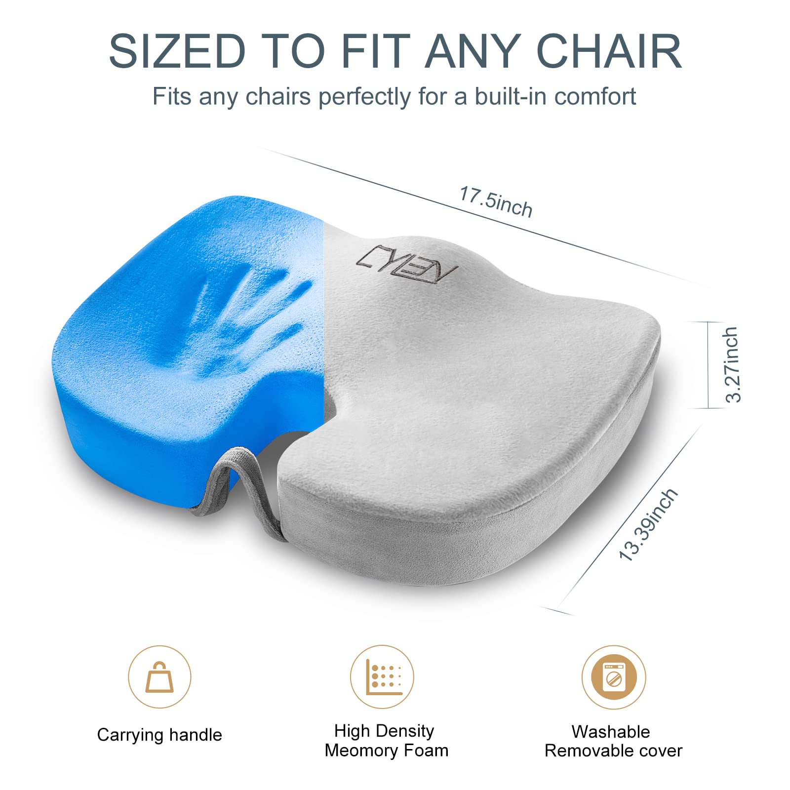 CYLEN Home Office Seat Cushion - Comfort Memory Foam Chair Cushion with Cooling Gel Infused for Tailbone, Coccyx, Back & Sciatica Pain Relief (Grey)