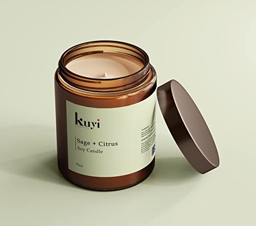 Kuyi Essentials Hand-Poured Premium Scented Aromatherapy Soy Candles for Home, Gifts for Women, 9oz Jar, 70 Hour + Burn Time (Sage & Citrus)