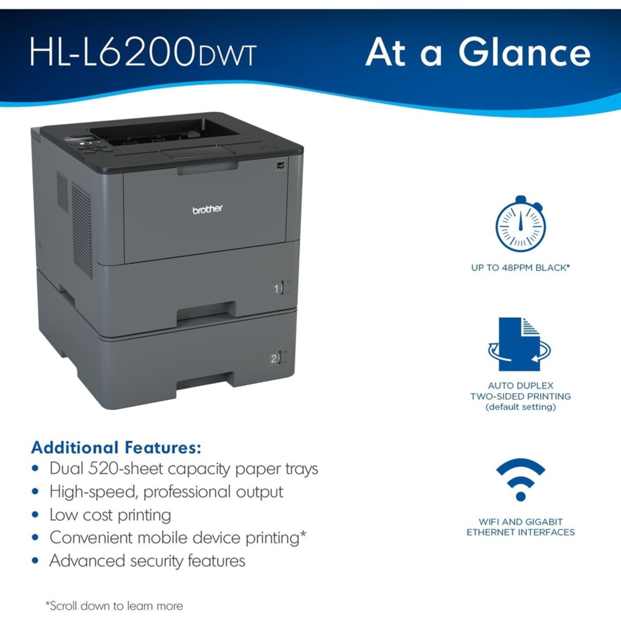 Brother HL-L6200DWT Wireless Monochrome Laser Printer with Duplex Printing and Dual Paper Trays (Amazon Dash Replenishment Ready)