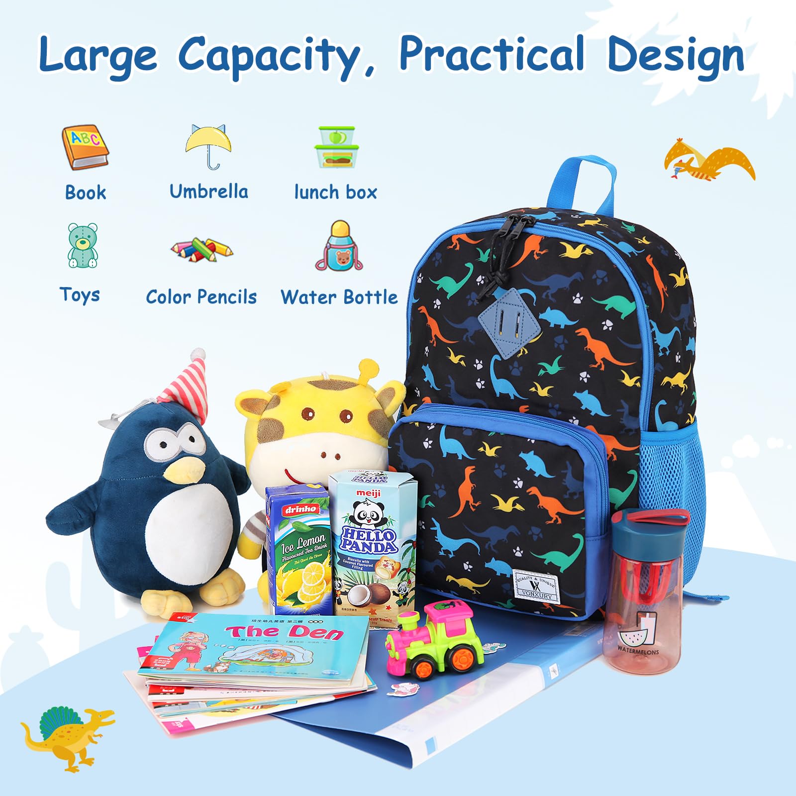 VX VONXURY Kids Backpack,Cute Preschool Toddler Schoolbag for Boys with Chest Strap Small(Black Dinosaur
