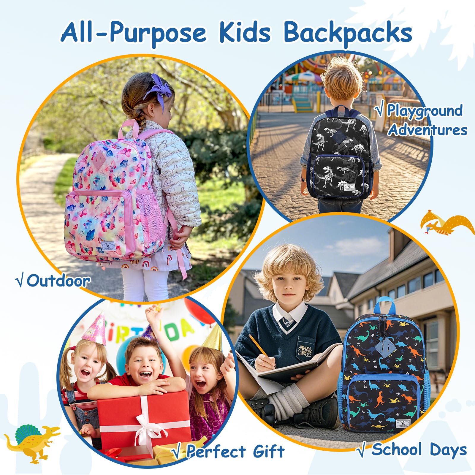 VX VONXURY Kids Backpack,Cute Preschool Toddler Schoolbag for Boys with Chest Strap Small(Black Dinosaur