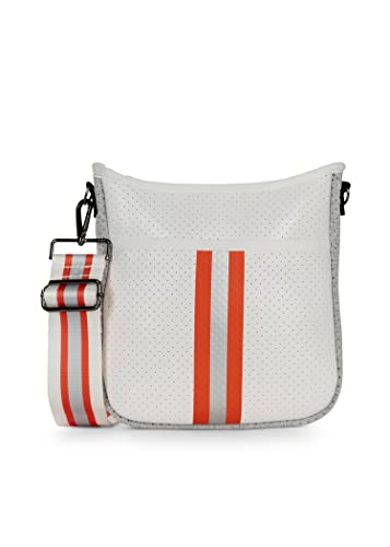 Haute Shore - Jeri Crush Crossbody Tote, White Coated W/Orange & Silver Stripe