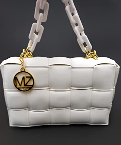 MariaKinz VEGAN Leather Woven Crossbody/Shoulder Handbag Purse for Women, With Matching Acrylic Tote Handle (White)