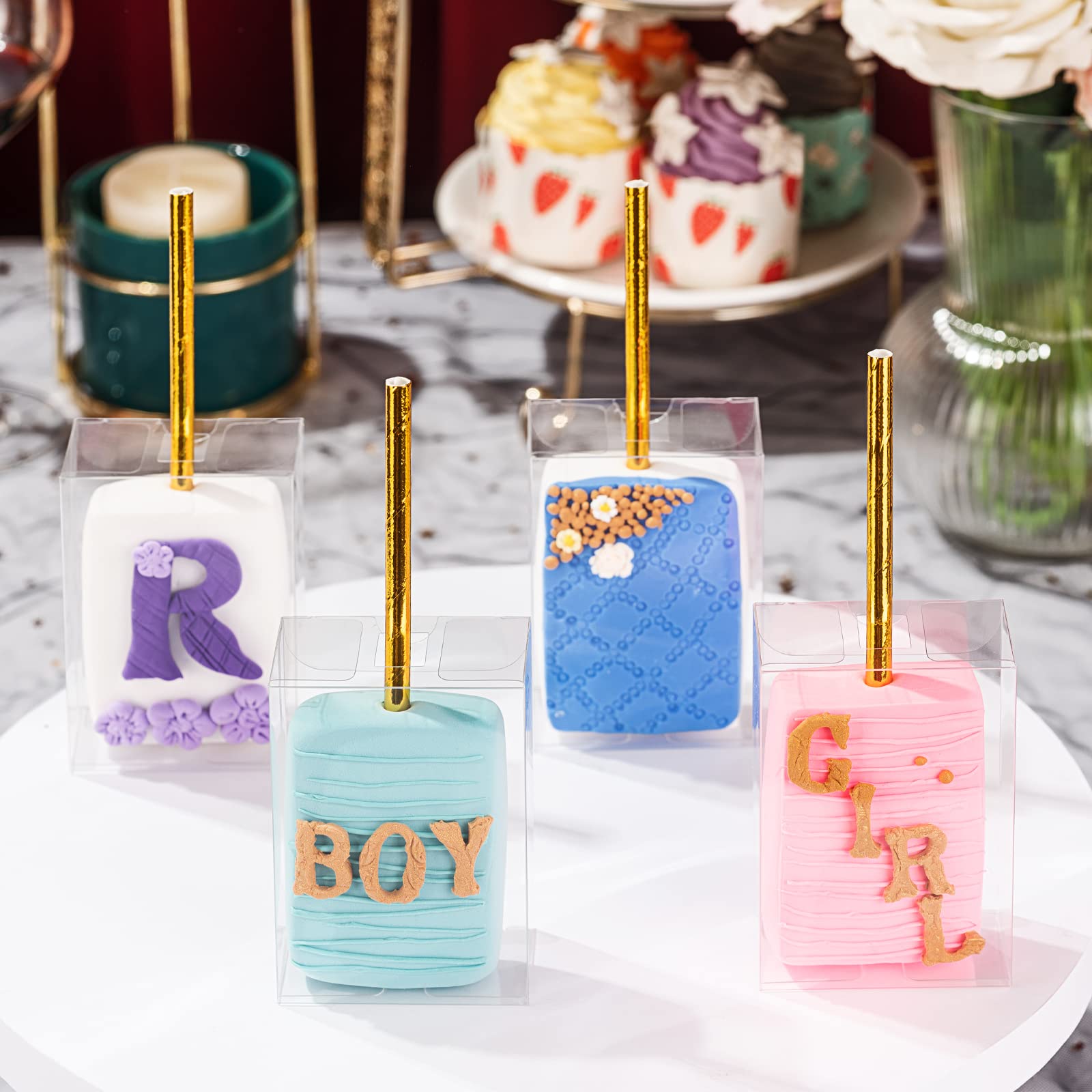 RomanticBaking 100 Pack 3.5"x 2.4"x 1.38" Rice Krispie Treat Boxes Cakesickle Boxes Macaron Boxes for Bridal Shower Birthday Party
