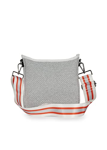 Haute Shore - Jeri Crush Crossbody Tote, White Coated W/Orange & Silver Stripe