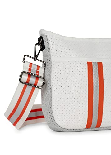 Haute Shore - Jeri Crush Crossbody Tote, White Coated W/Orange & Silver Stripe