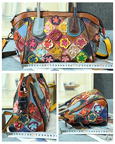 Maxzoom Womens Genuine Leather Hobo Bag Colorful Shoulder Handbag Purses with Contrast Color Patchwork and Handmade