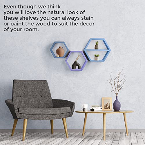 Bettabode Set of 3 Hexagon Shelves β Wood Honeycomb Shelves, Wall Decor for Living Room, Bedroom β Modern Wall Mount Hexagon Floating Shelves β Floating Hexagon Shelves with Photo Frame