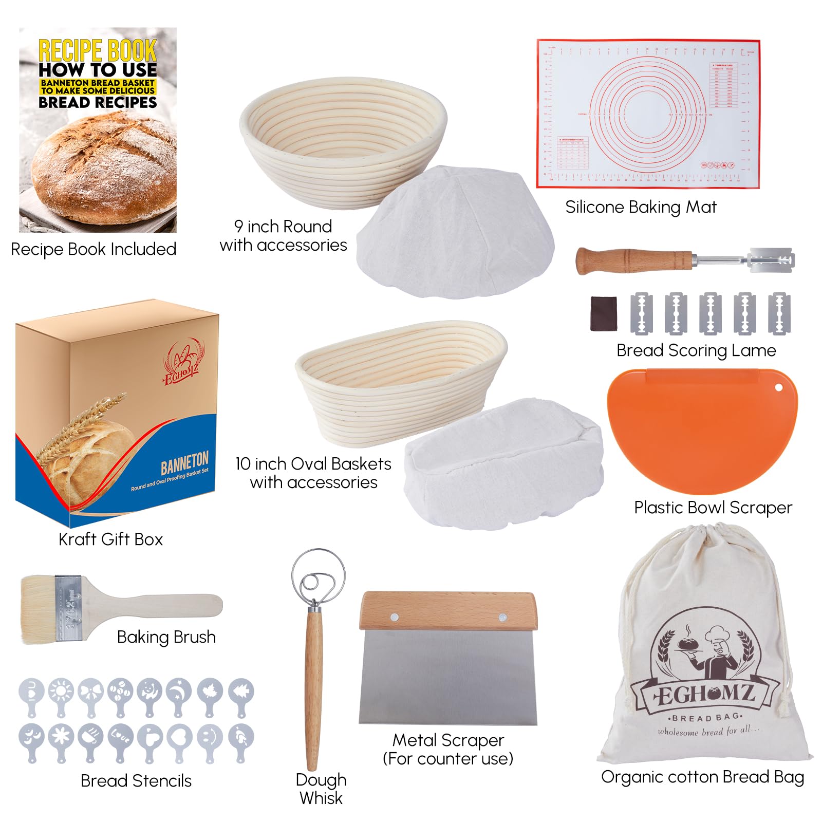 17 Pieces Banneton Bread Proofing Basket Set - 9 inch Round and 10 inch Oval Sourdough Bread Proofing Baskets - A Complete Bread Making Kit, Danish Whisk, Bowl Scraper, Dough Scraper, & Bread Lame