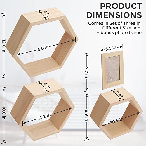 Bettabode Set of 3 Hexagon Shelves β Wood Honeycomb Shelves, Wall Decor for Living Room, Bedroom β Modern Wall Mount Hexagon Floating Shelves β Floating Hexagon Shelves with Photo Frame