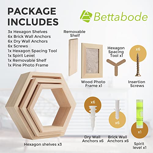 Bettabode Set of 3 Hexagon Shelves β Wood Honeycomb Shelves, Wall Decor for Living Room, Bedroom β Modern Wall Mount Hexagon Floating Shelves β Floating Hexagon Shelves with Photo Frame