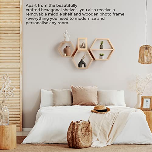 Bettabode Set of 3 Hexagon Shelves β Wood Honeycomb Shelves, Wall Decor for Living Room, Bedroom β Modern Wall Mount Hexagon Floating Shelves β Floating Hexagon Shelves with Photo Frame