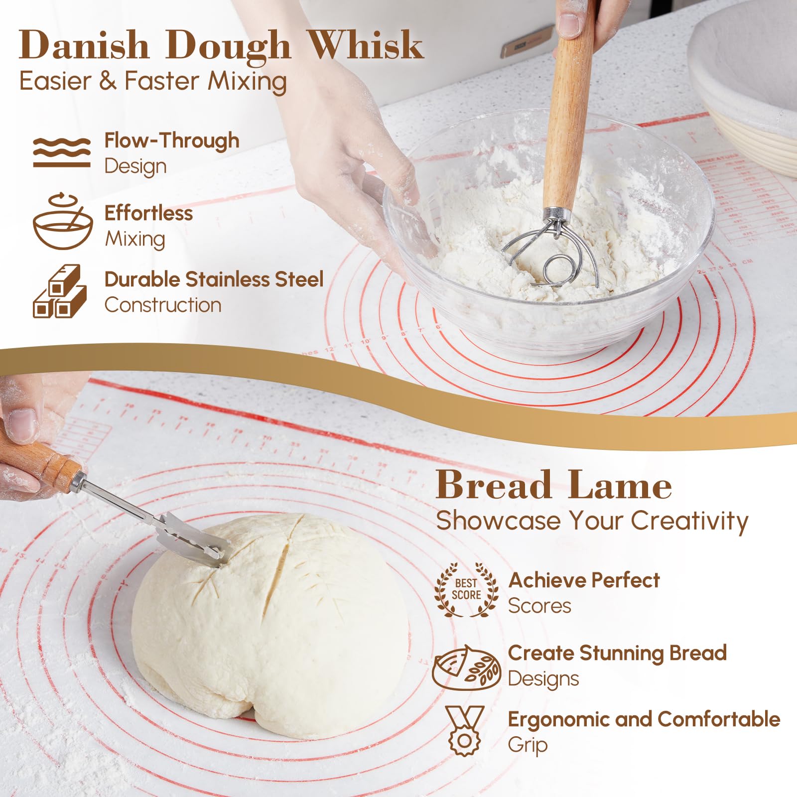 17 Pieces Banneton Bread Proofing Basket Set - 9 inch Round and 10 inch Oval Sourdough Bread Proofing Baskets - A Complete Bread Making Kit, Danish Whisk, Bowl Scraper, Dough Scraper, & Bread Lame