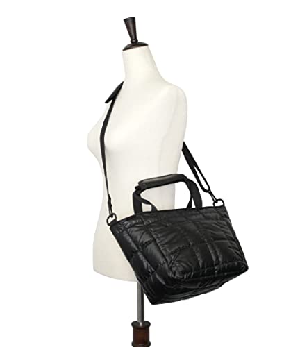 Olivia Miller Women's Fashion Sutton Black Quilted Padded Crossbody Tote Bag w Removable Strap, Medium Weekender Casual Purse Handbag