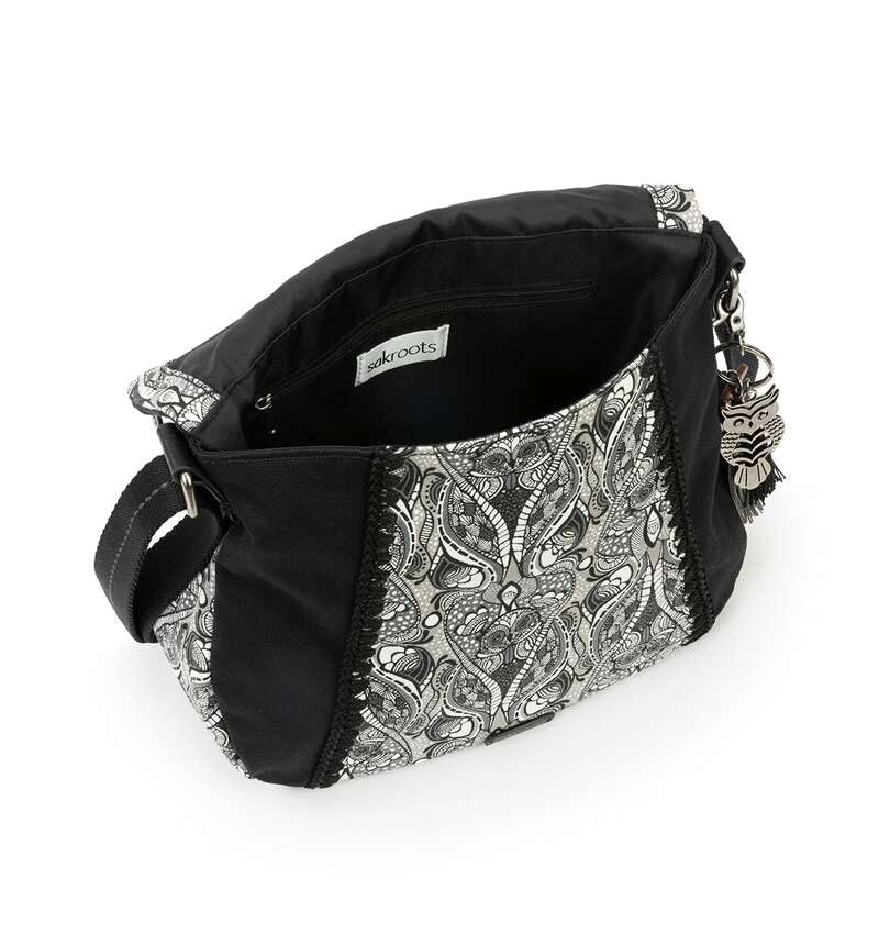 Sakroots Foldover Crossbody Bag in Cotton Canvas, Multifunctional Purse with Adjustable Strap & Zipper Pockets, Black & White Soulful Desert 2