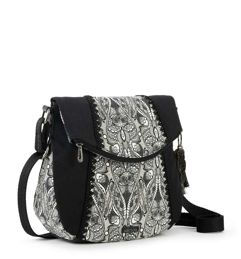 Sakroots Foldover Crossbody Bag in Cotton Canvas, Multifunctional Purse with Adjustable Strap & Zipper Pockets, Black & White Soulful Desert 2