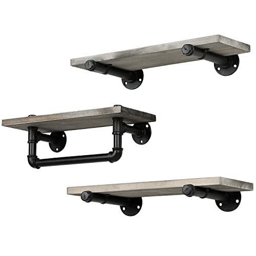 MyGift Wall Mounted Weathered Gray Solid Wood Floating Display Shelf and Industrial Pipe Hanging Bar Organizer Rack, Decorative Bathroom Shelving with Towel Bar, 3 Piece Set