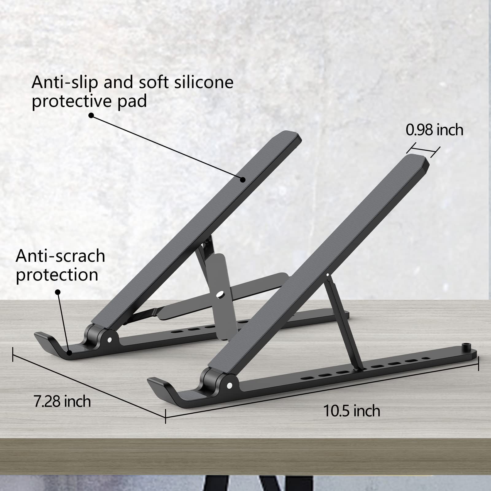 Tonmom Laptop Stand for Desk, Adjustable Laptop Riser ABS+Silicone Foldable Portable Laptop Holder, Ventilated Cooling Notebook Stand for 10-15.6” Laptops,Tablet-Black