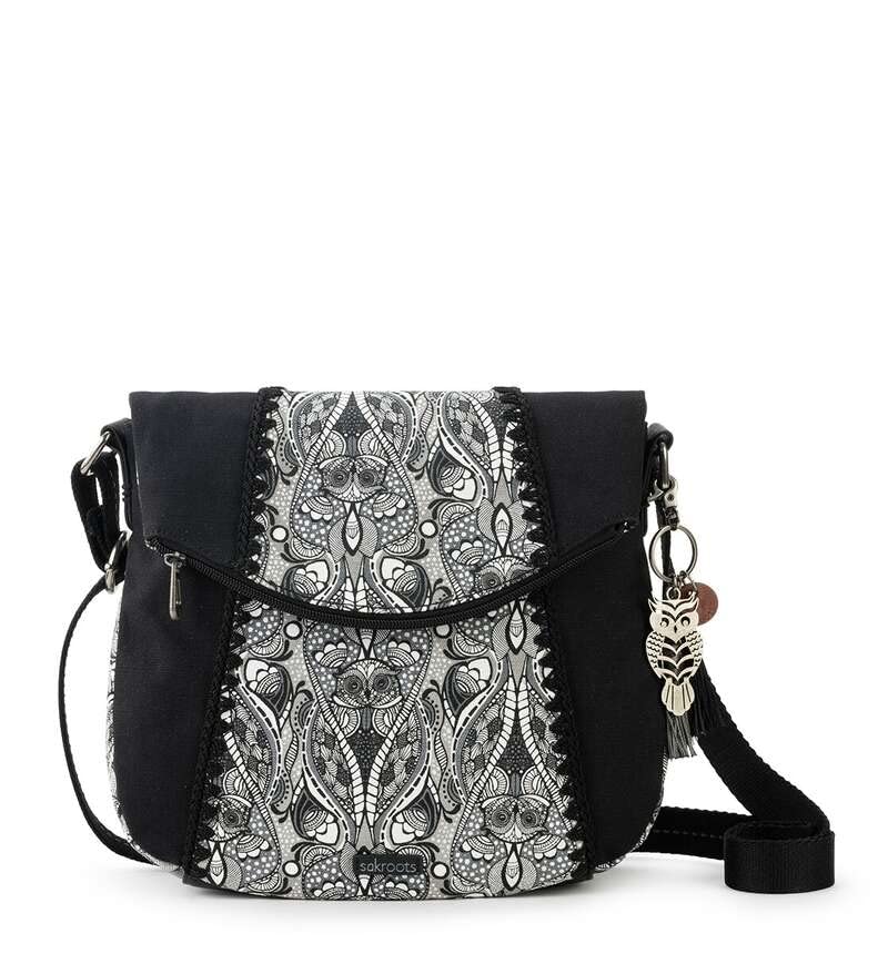 Sakroots Foldover Crossbody Bag in Cotton Canvas, Multifunctional Purse with Adjustable Strap & Zipper Pockets, Black & White Soulful Desert 2