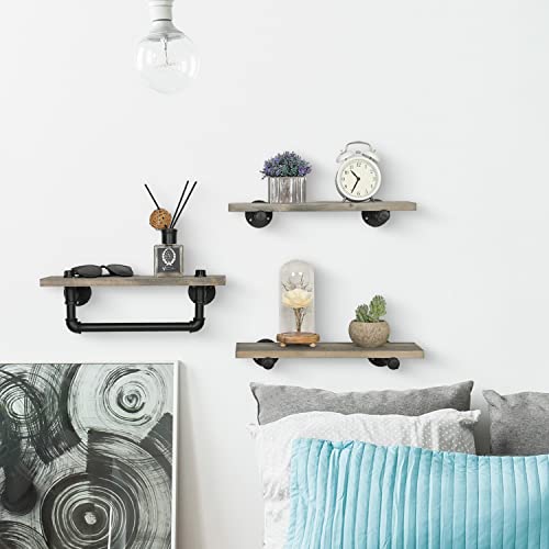 MyGift Wall Mounted Weathered Gray Solid Wood Floating Display Shelf and Industrial Pipe Hanging Bar Organizer Rack, Decorative Bathroom Shelving with Towel Bar, 3 Piece Set