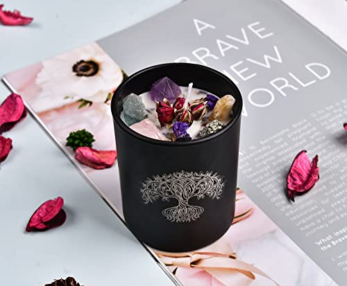 Scented Candle with Crystal and Flowers Soy Candle Tree of Life Engraved Aromatherapy Candle for Meditation