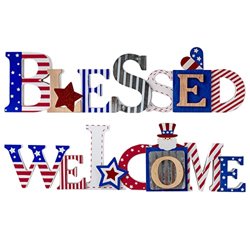 DECSPAS 4th of July Decorations, 2 PCS Large Size BLESSED WELCOME Sign 4th of July Patriotic Decor for Living Room, Mantle, Dining Table, Stars and Stripes Ornaments Memorial Day Independence Day Fourth of July Memorial Day Decorations for the Home