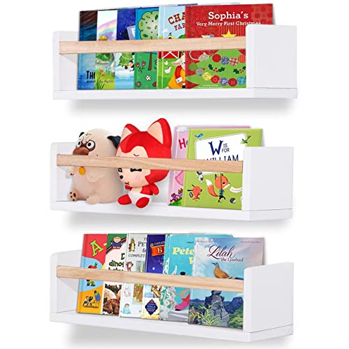 Esonal White Nursery Floating Wall Shelf Nursery Décor Wall Book Shelves for Bedroom Organizer or Kitchen Spice Rack Wall Mount Books Photo Picture Display Ledges 16 Inch a Set of 3
