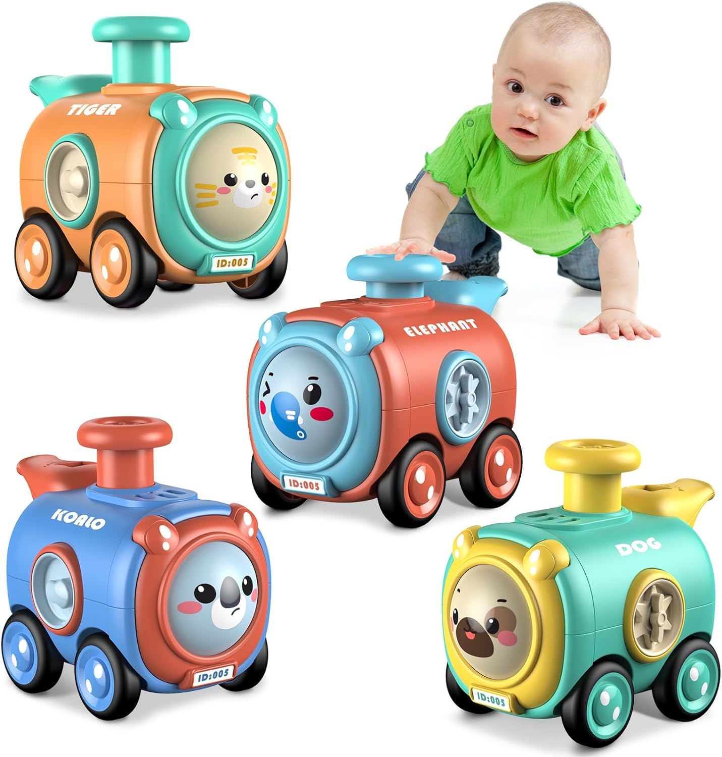 YC Onion Fun Animal Faces Car Toys for Boy/Toddler Toys/Pre-Kindergarten Cars Toys, Children Press-and-Go Educational Whistle Vehicles Toys for Boys Girls Kids Gift -4PCS