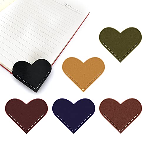 SAVITA 6 Pcs Leather Heart Bookmarks Page Markers Corner Page Bookmarks Corner Page Clip Assorted Color Handmade for Student Book Lovers Bookworm Reader