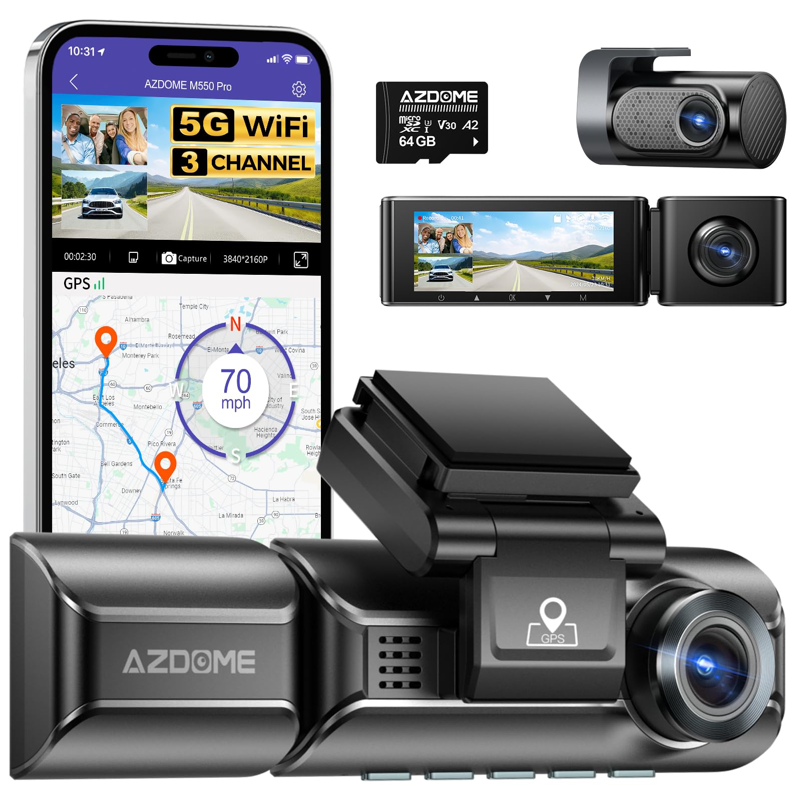 AZDOME M550 Pro 5G WiFi 3 Channel Dash Cam Built-in GPS, 4K+1080P Dual Dash Camera for Cars with 64GB Card, 1440P+1080P+1080P Front and Rear Inside, 3.19" IPS Screen, IR Night Vision, 24H Parking Mode