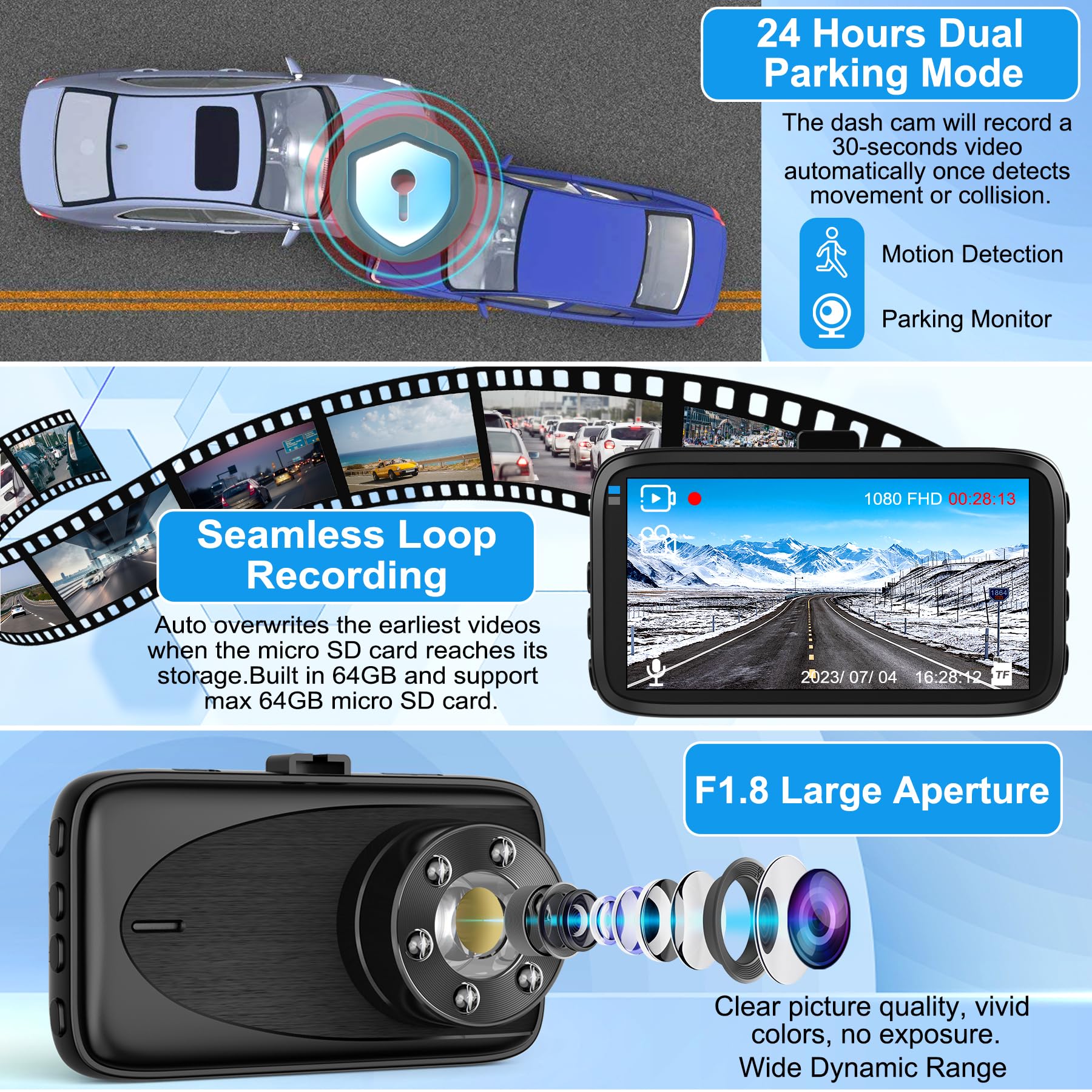 Dash Cam Front, Lnkful Dash Camera for Cars with 64GB SD Card, 1080P FHD Car Dashboard Camera Recorder with 3'' IPS Screen, Night Vision, 170° Wide Angle, Loop Recoding, G-Sensor, Parking Monitor