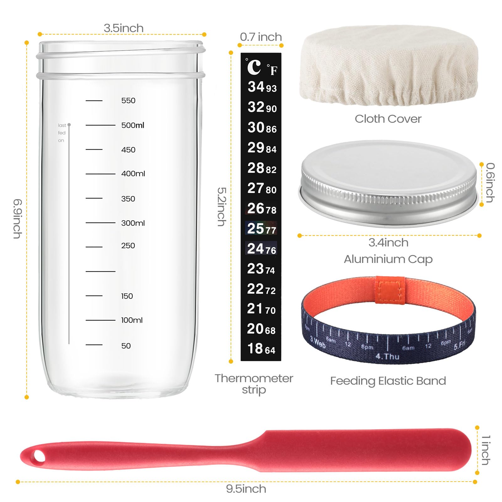 Maxcheck 4 Sets Sourdough Starter Jar Sourdough Starter Kit with Thermometer Scraper, Cloth Cover and Metal Lid 24 oz Wide Mouth Sour Dough Jar Container for Bread Baking Supplies(4 Sets)