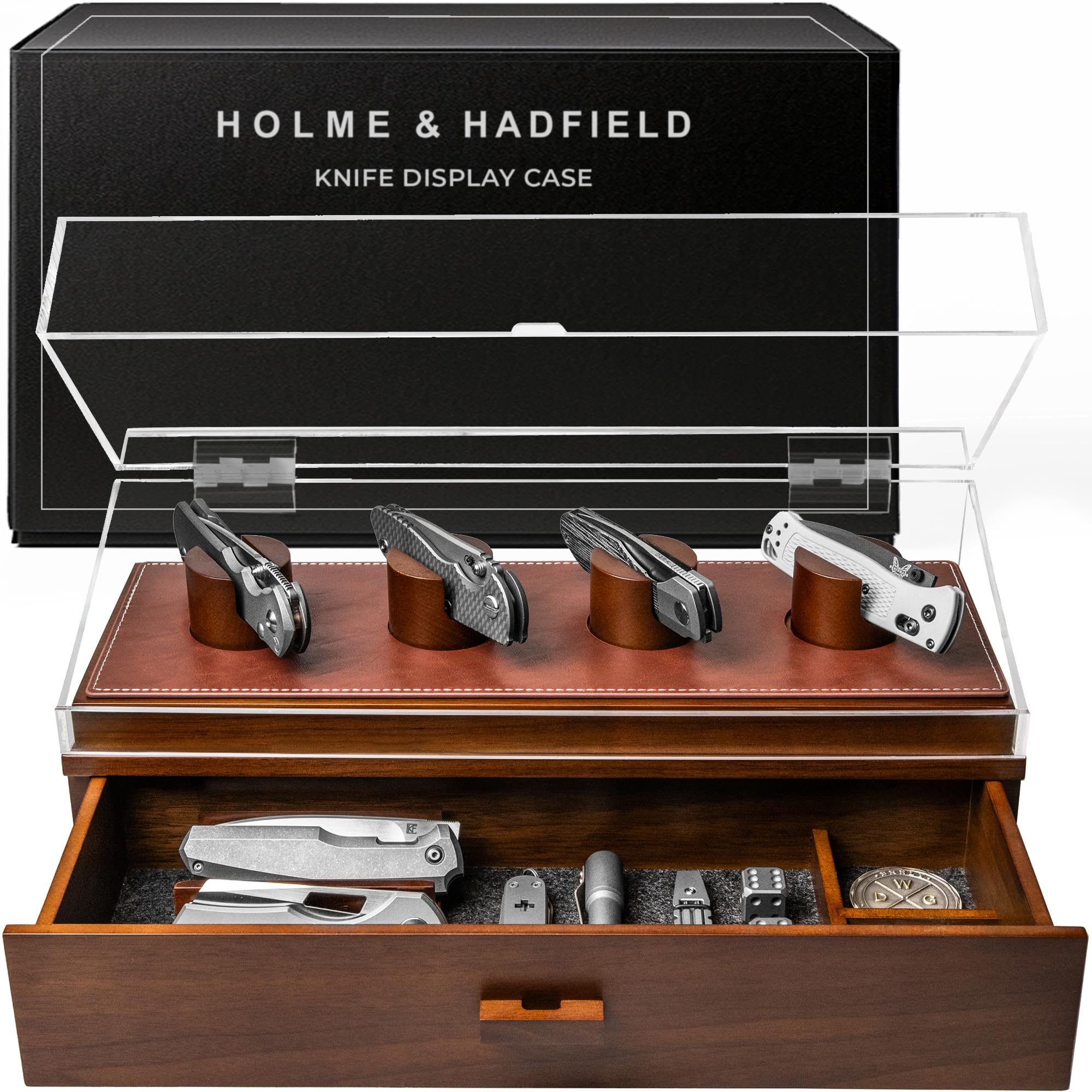 Pocket Knife Display Case EDC Case – Pocket Knife Storage Case and Knife Display Stand – Pocket Knife Case and Pocket Knife Organizer – Knife Cases For Collections - Gift For Men Husband Dad - Walnut