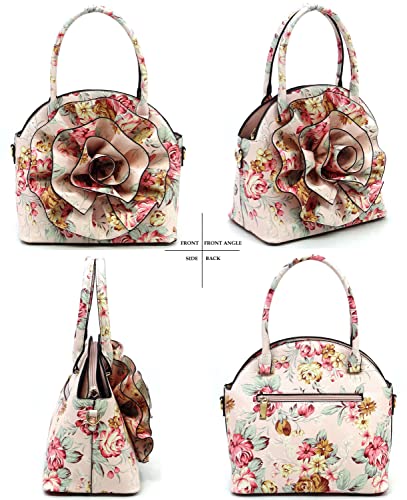 3D Flower Women Handbag and Matching Wallet Set Floral Printed Top Handle Purse 2PCS Set (Fl-Blush Pink)