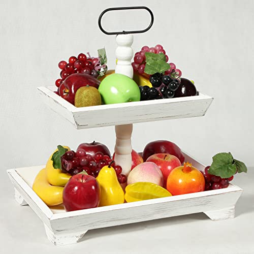 Dugunusu Farmhouse Two Tiered Tray Stand, Rectangle Rustic Wood Two Tiered Tray, Wooden Cake Stand Kitchen Tiered Tray, Decor Serving Tray for Home Farmhouse Décor (White)