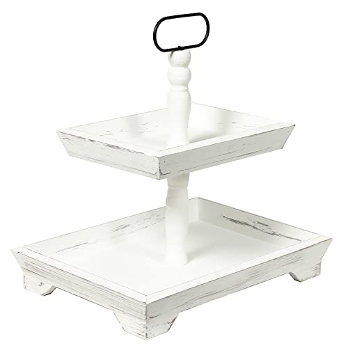 Dugunusu Farmhouse Two Tiered Tray Stand, Rectangle Rustic Wood Two Tiered Tray, Wooden Cake Stand Kitchen Tiered Tray, Decor Serving Tray for Home Farmhouse Décor (White)