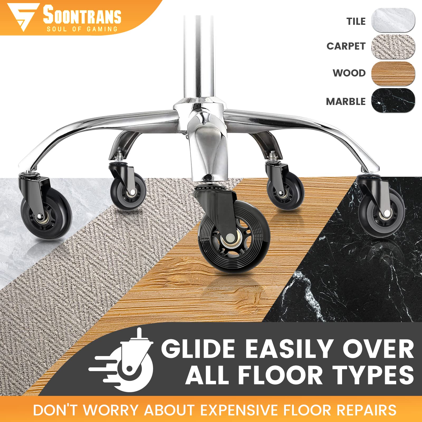Office Chair Wheels,Set of 5,Soontrans,Rollerblade Wheels Replacement for Office Gaming Chairs Caster Wheels for Carpet,Wood Floors,Heavy Duty Computer Chair Wheels,NOT Compatible for IKEA