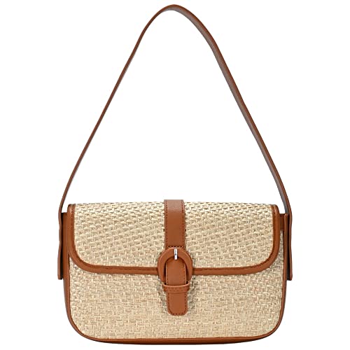 Vegan Leather Rattan Straw Y2K Retro Shoulder Bag Tote Purse Clutch (Tan)