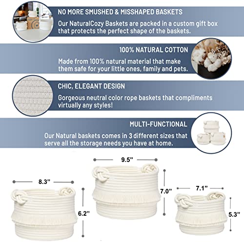 NaturalCozy 3-Piece Decorative Storage Basket Set – Cotton Rope Woven Baskets for Organizing! Small Basket for Nursery Baby Stuff, Gift Basket, Montessori, Dog Toy Bin, Cat Basket, Bathroom Shelves