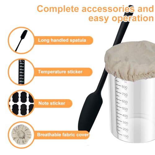 esidianzi 7Pcs Sourdough Starter Jar Kit with Scale 900ml Reusable Sourdough Starter Container with Bamboo Lid Multipurpose Wide Mouth Glass Sourdough Fermentation Jar for Sourdough Baking(as Shown)